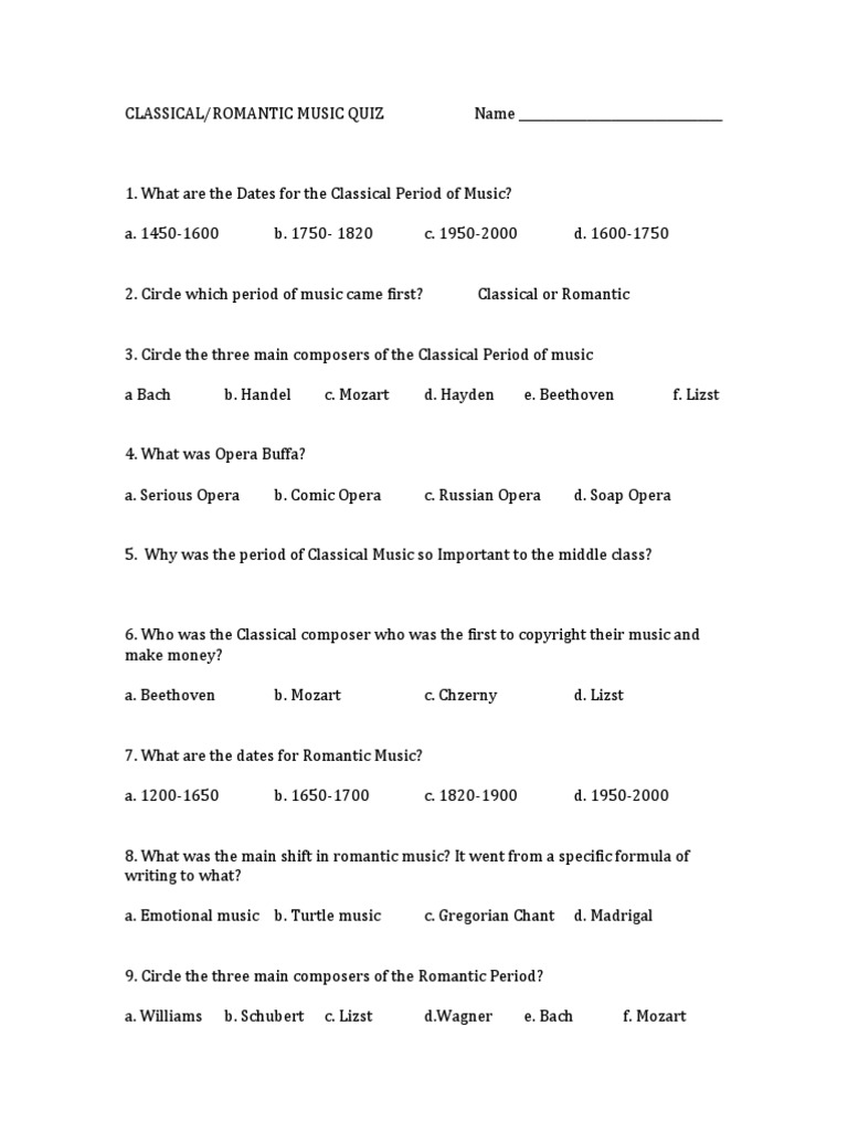 Classicalromantic Quiz | PDF | Composers | Romantic Music