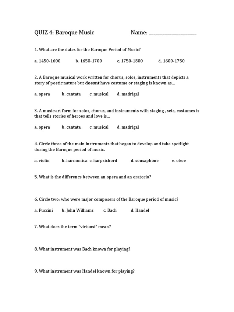 QUIZ 4: Baroque Music Name | PDF