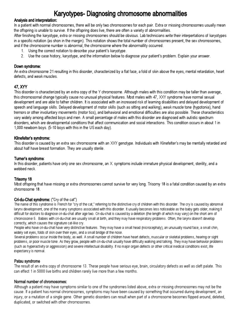 Karyotype Analysis for Genetic Disorders | PDF | Karyotype ...
