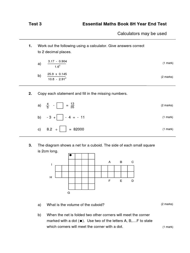 Essential Maths 8H Test 3 PDF | PDF | Area | Space