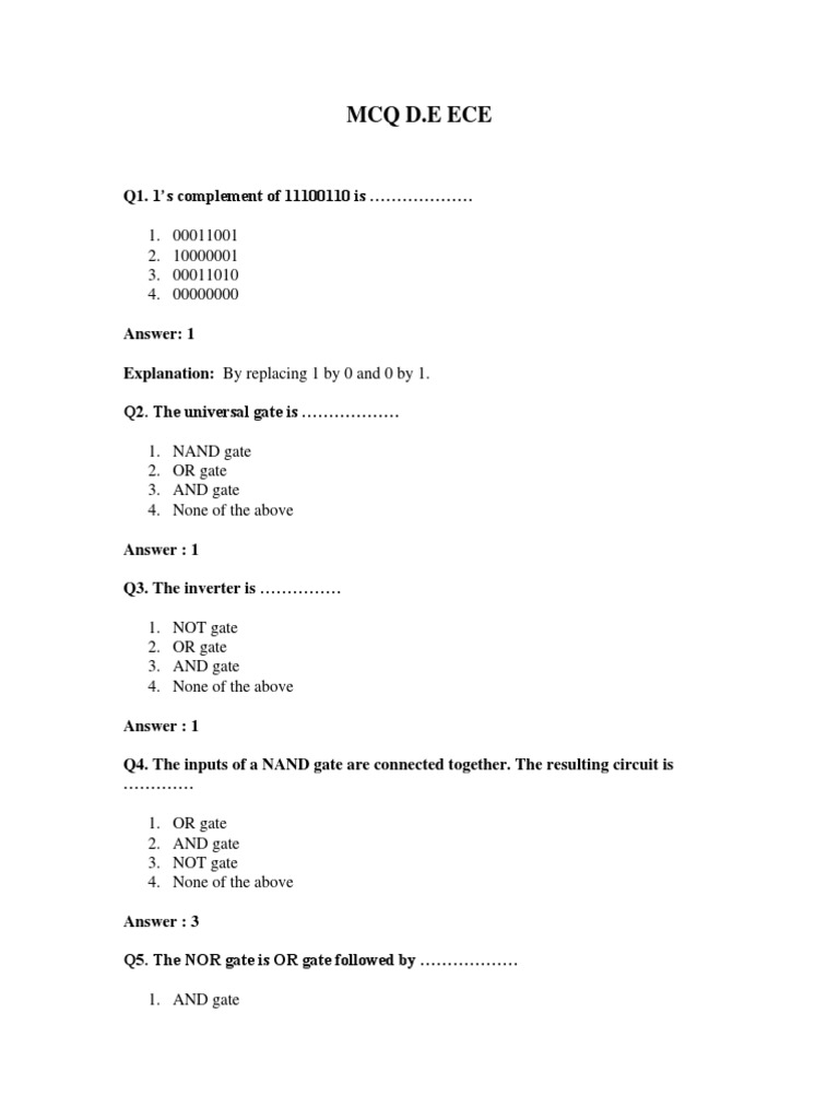 Multiple Choice Questions on Digital Electronics Concepts | PDF | Logic Gate | Electronic Design