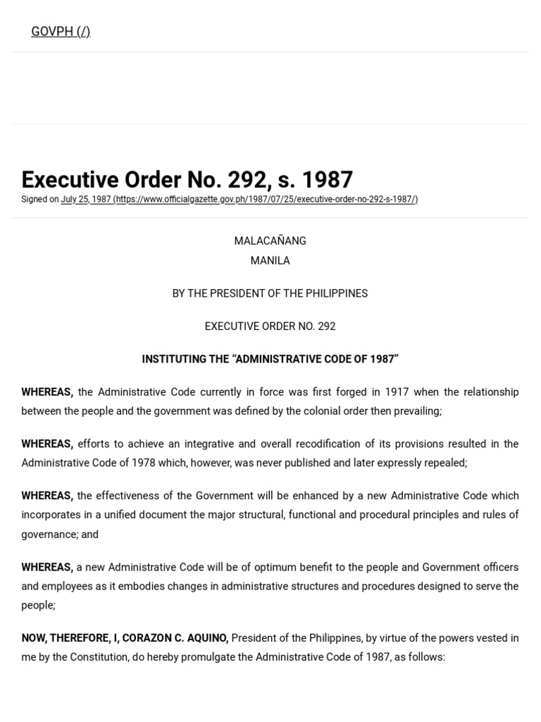 Executive Order No. 292, S. 1987 - Official Gazette of The Republic of ...