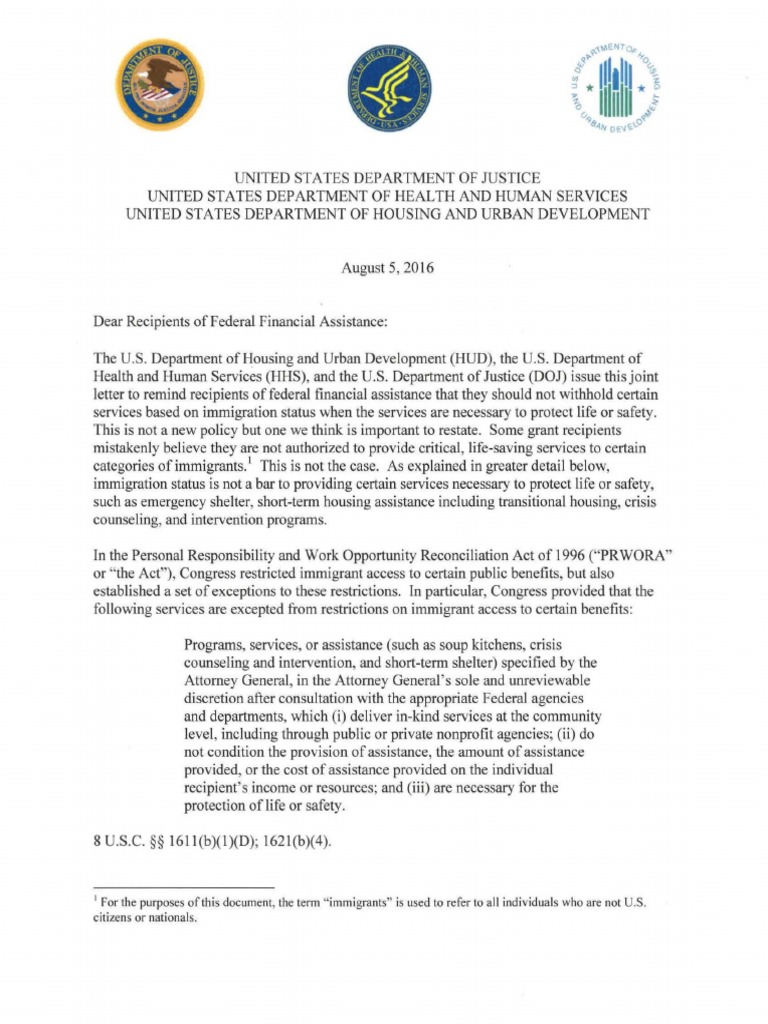 Doj Hhs Hud Letter Fed-Funding | PDF | Personal Responsibility And Work ...