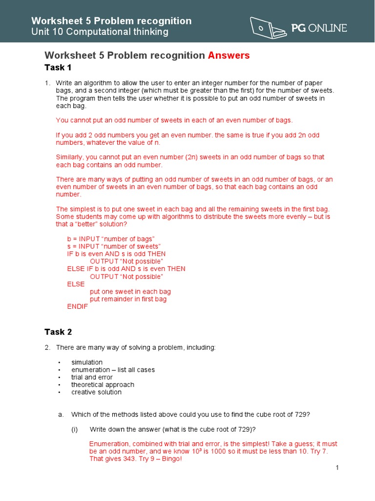 Computational Thinking Worksheet 5 Answers | PDF | Numbers | Algorithms