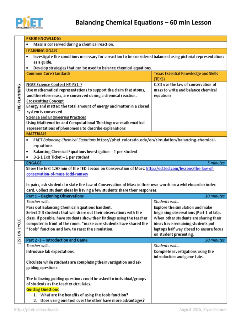 Balancing Chemical Equations Lesson Plan | PDF | Chemistry | Science