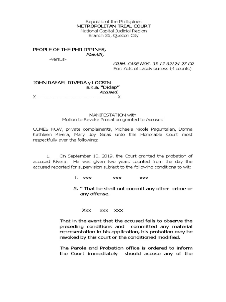 Motion To Revoke Probation - Didap Case | PDF | Probation | Common Law