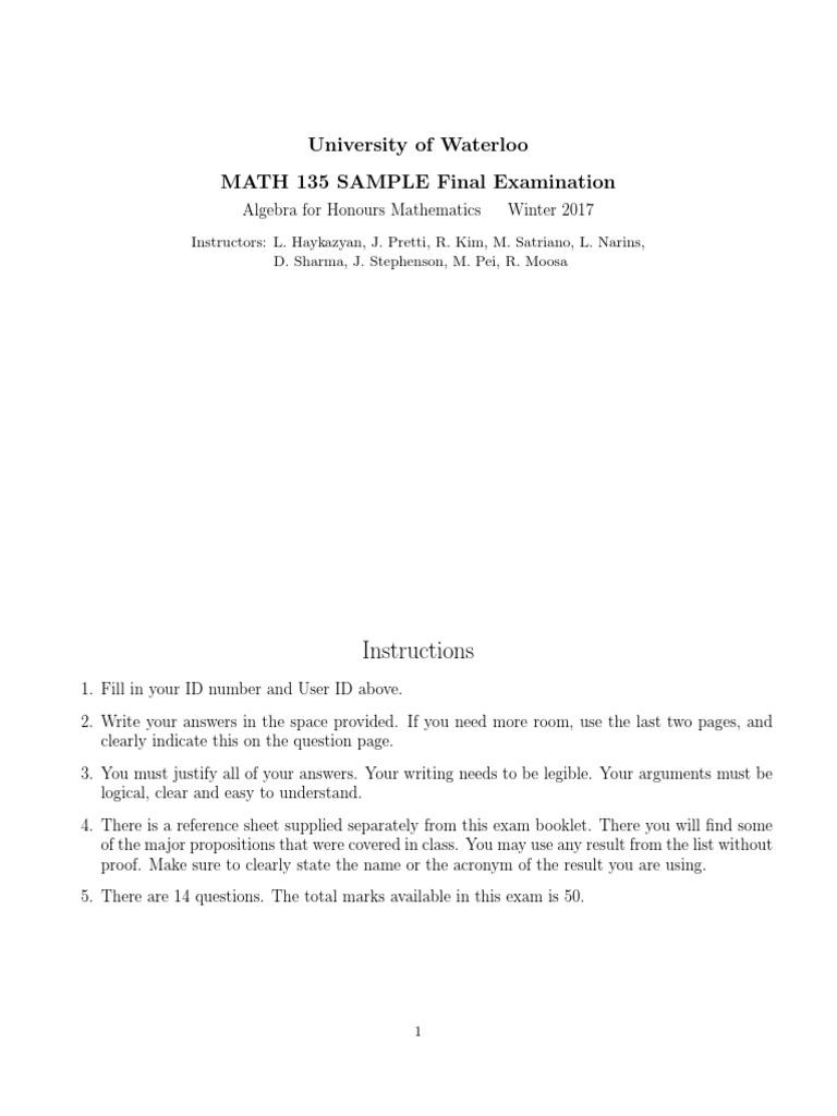 University of Waterloo MATH 135 SAMPLE Final Examination: Instructions ...