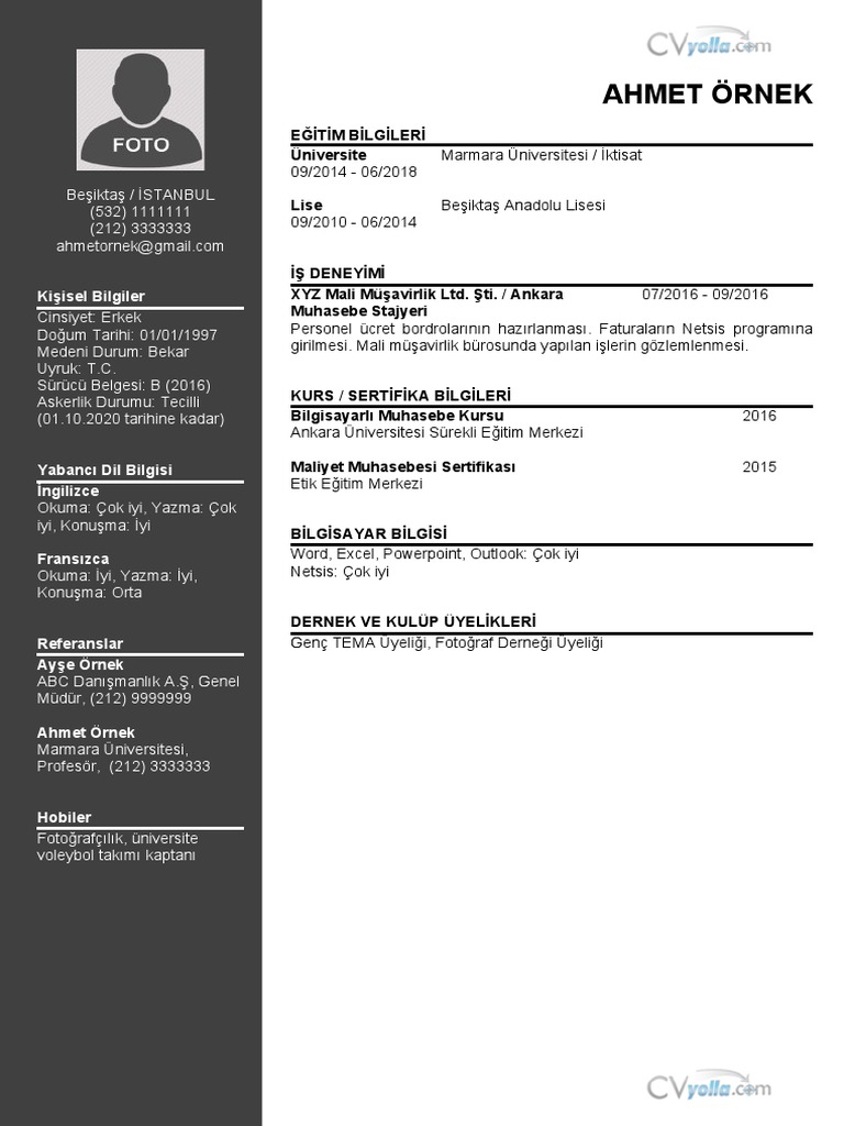 Ogrenci Stajyer CV Ornegi TR 18 | PDF