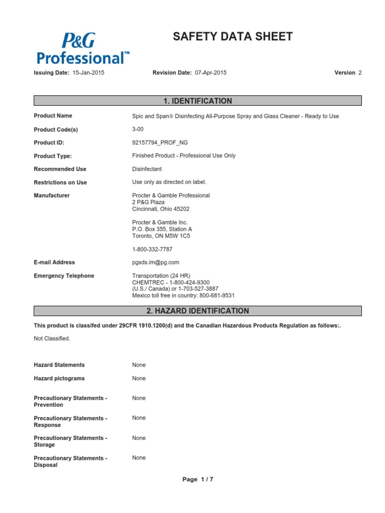 Spic and Span Disinfectant Cleaner SDS | PDF | Occupational Safety And ...