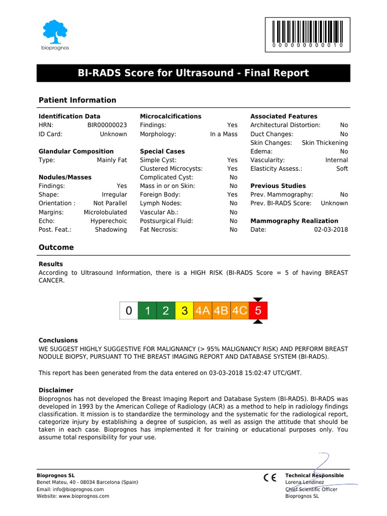 BI-RADS Score For Ultrasound - Final Report: Patient Information | PDF | Breast Cancer | Organ ...