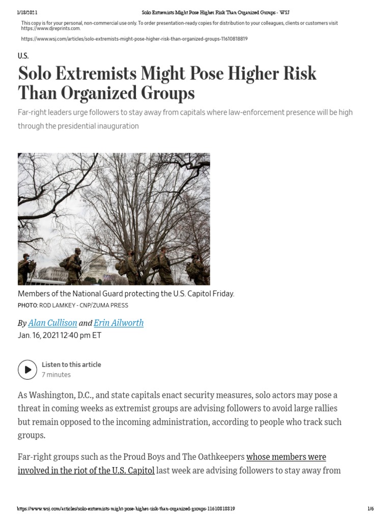 Solo Extremists Might Pose Higher Risk Than Organized Groups - WSJ ...