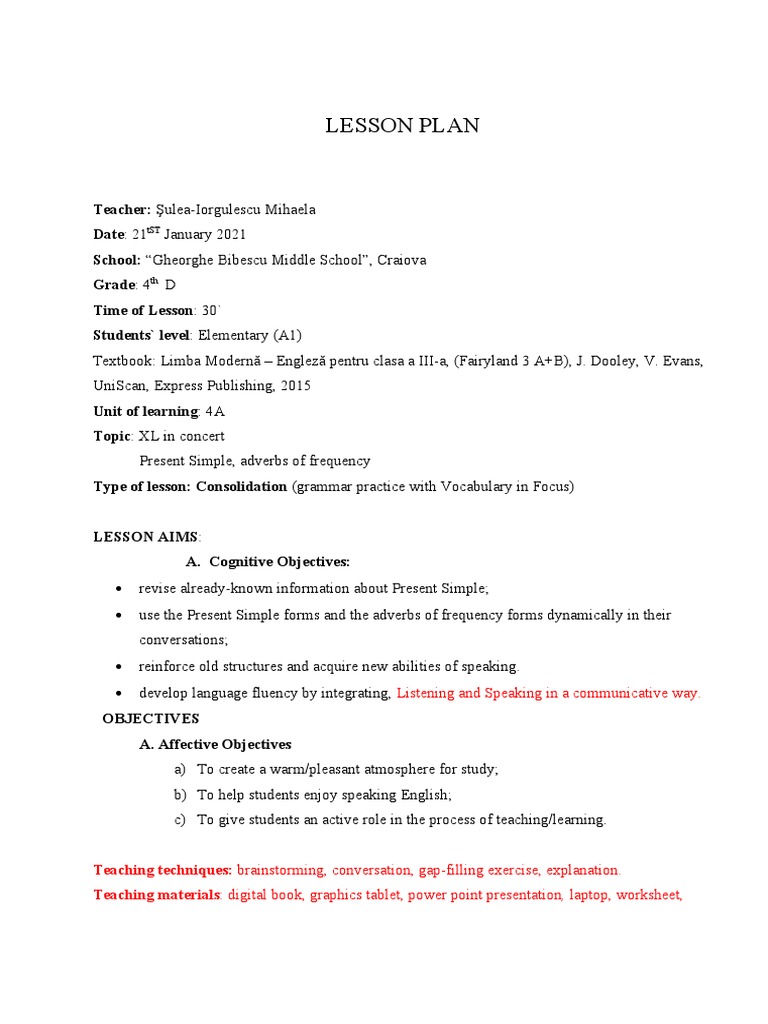 Present Simple Lesson Plan | PDF | Lesson Plan | Question