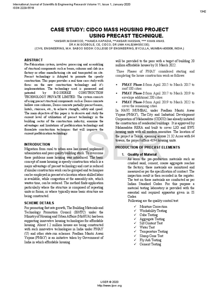 Ijser: Case Study: Cidco Mass Housing Project Using Precast Technique ...