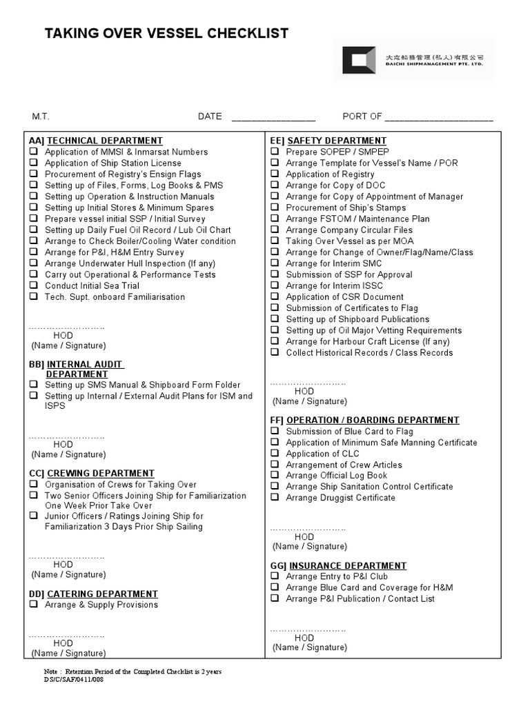 008 - Taking Over Vessel Checklist | PDF | Watercraft | Water Transport