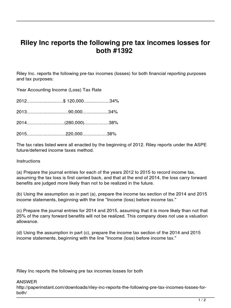 Riley Inc Reports The Following Pre Tax Incomes Losses For Both PDF | PDF