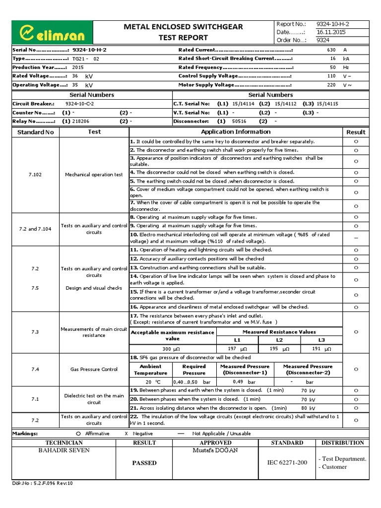 Metal Enclosed Switchgear Test Report: KV KV | PDF | Switch ...