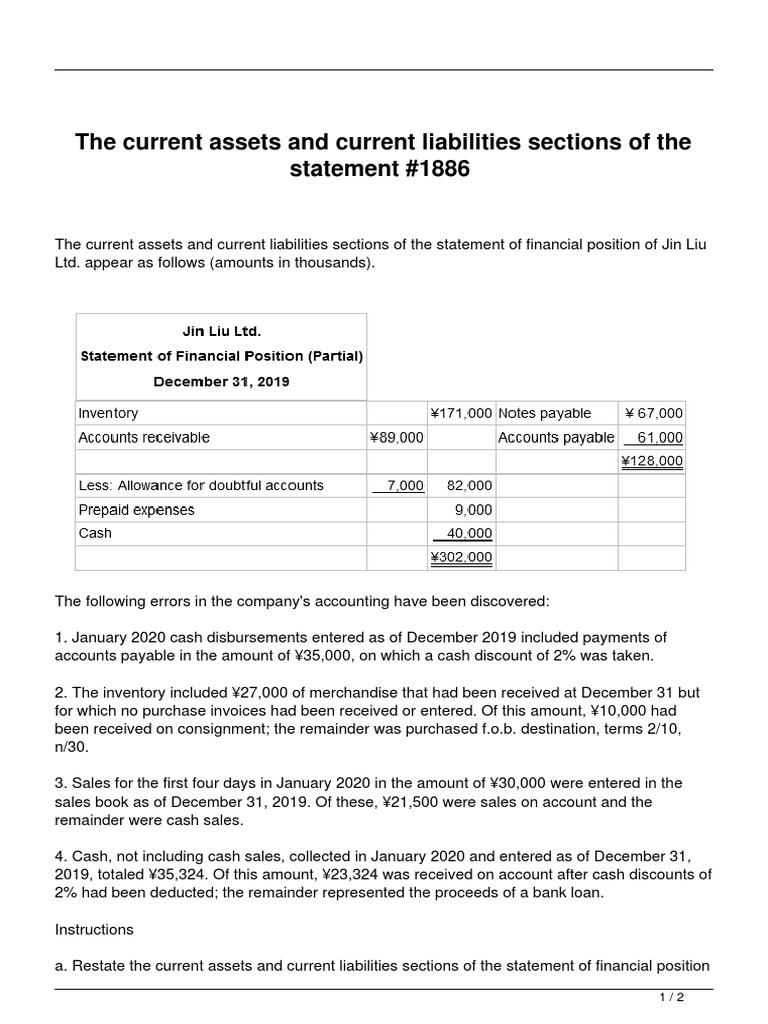 The Current Assets and Current Liabilities Sections of The Statement ...