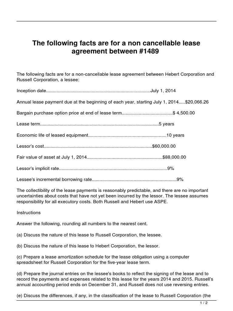The Following Facts Are For A Non Cancellable Lease Agreement Between PDF | Download Free PDF ...