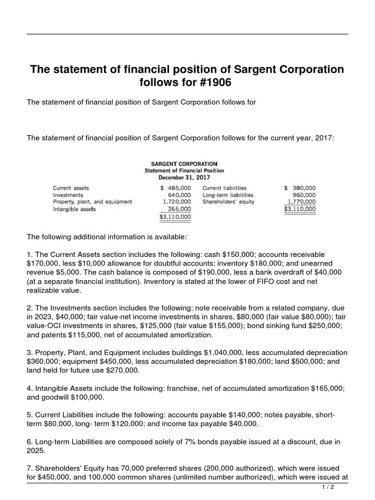 The Statement of Financial Position of Sargent Corporation Follows For ...
