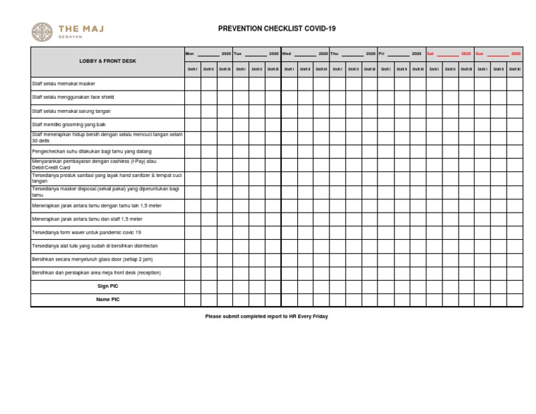 Prevention Checklist Covid-19 - Lobby & Front Desk PDF | PDF