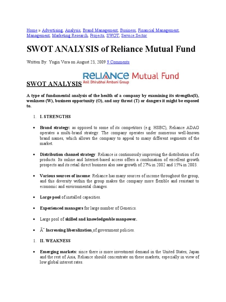 SWOT ANALYSIS of Reliance Mutual Fund | PDF | Mutual Funds | Swot Analysis