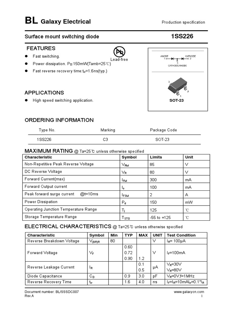 Galaxy Electrical 1SS226: Surface Mount Switching Diode Features | PDF ...