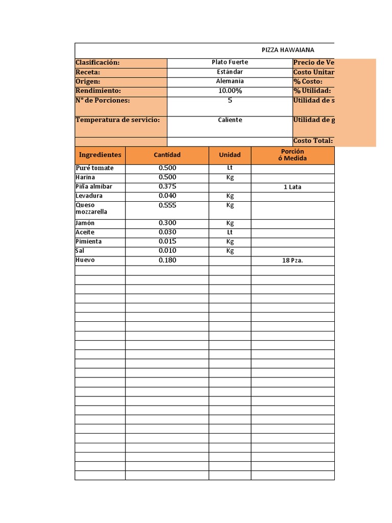 Formato de Costeo Estándar | PDF | Pizza | Cocina italiana