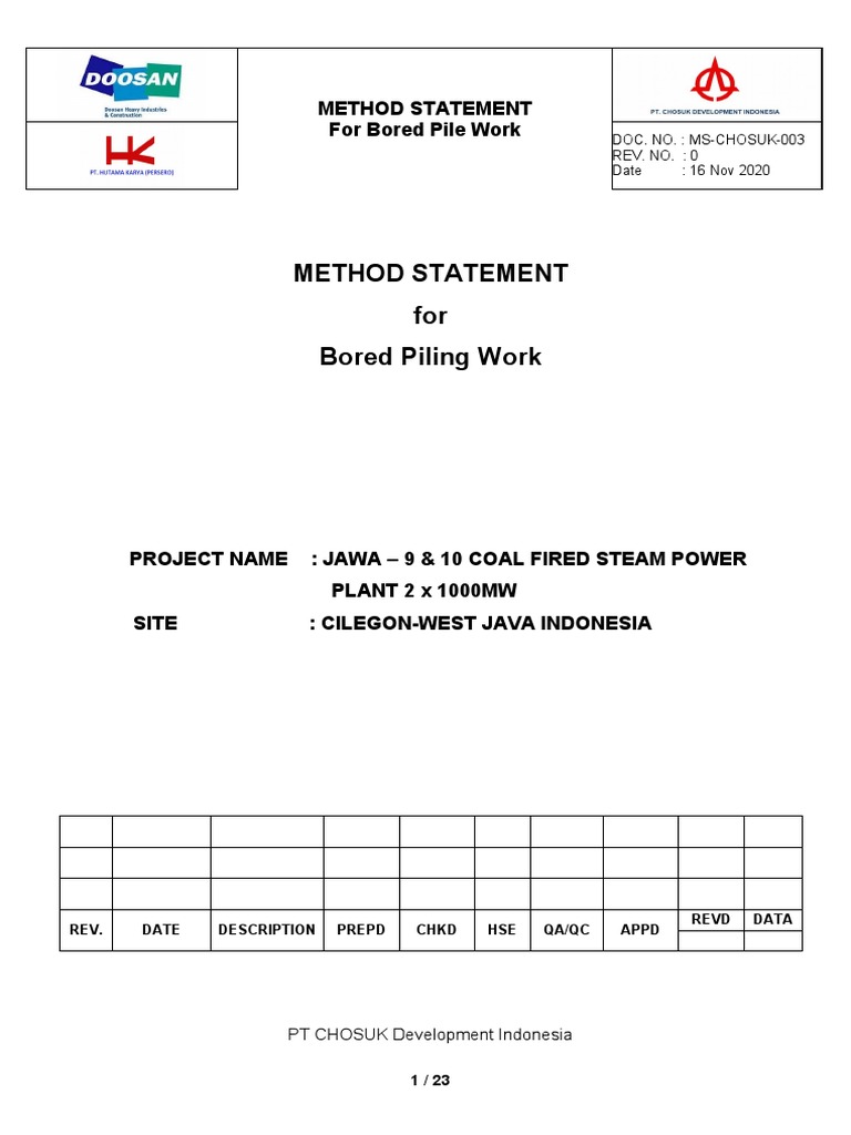Ms Bored Piling Work Pt Chosuk Development Indonesia Rev 03 Nov 2020