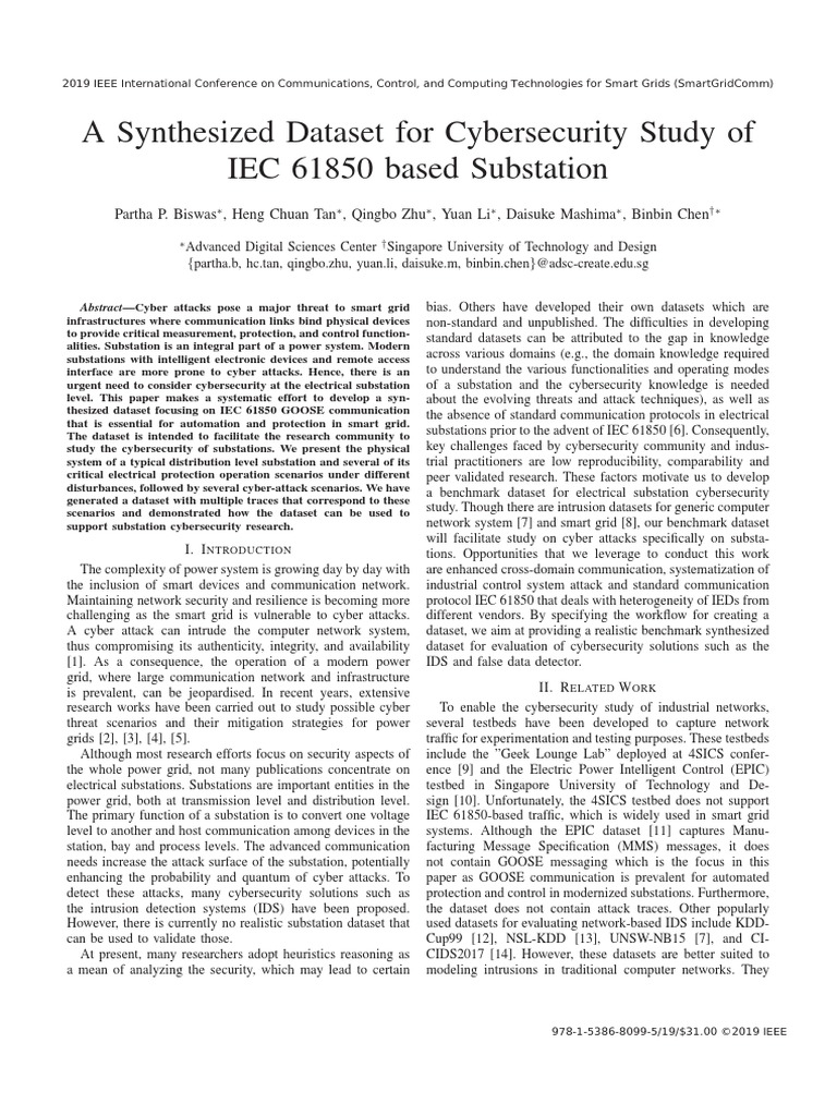 Cybersecurity Dataset for IEC 61850 Substations | PDF | Computer ...