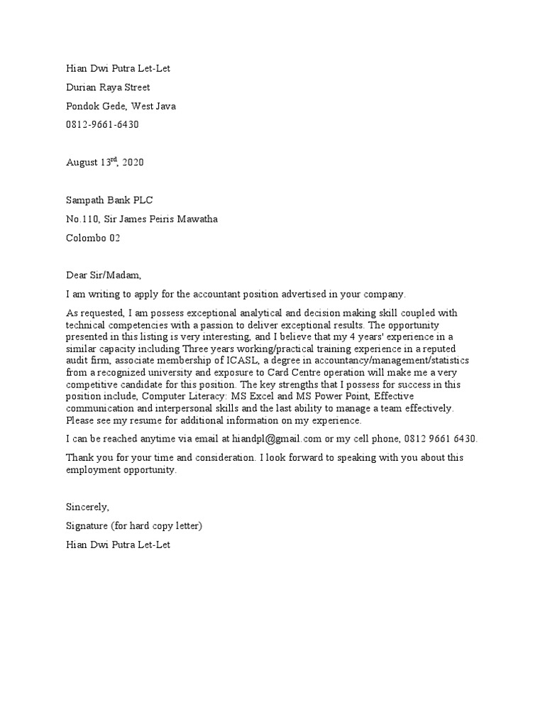 Application Letter by Hian Dwi Putra Let-Let XII IPS 2 | PDF