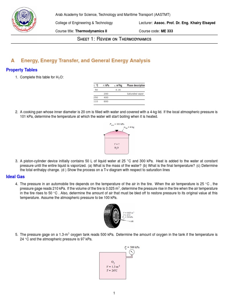 Sheet 1: Review On Thermodynamics: A Energy, Energy Transfer, and ...