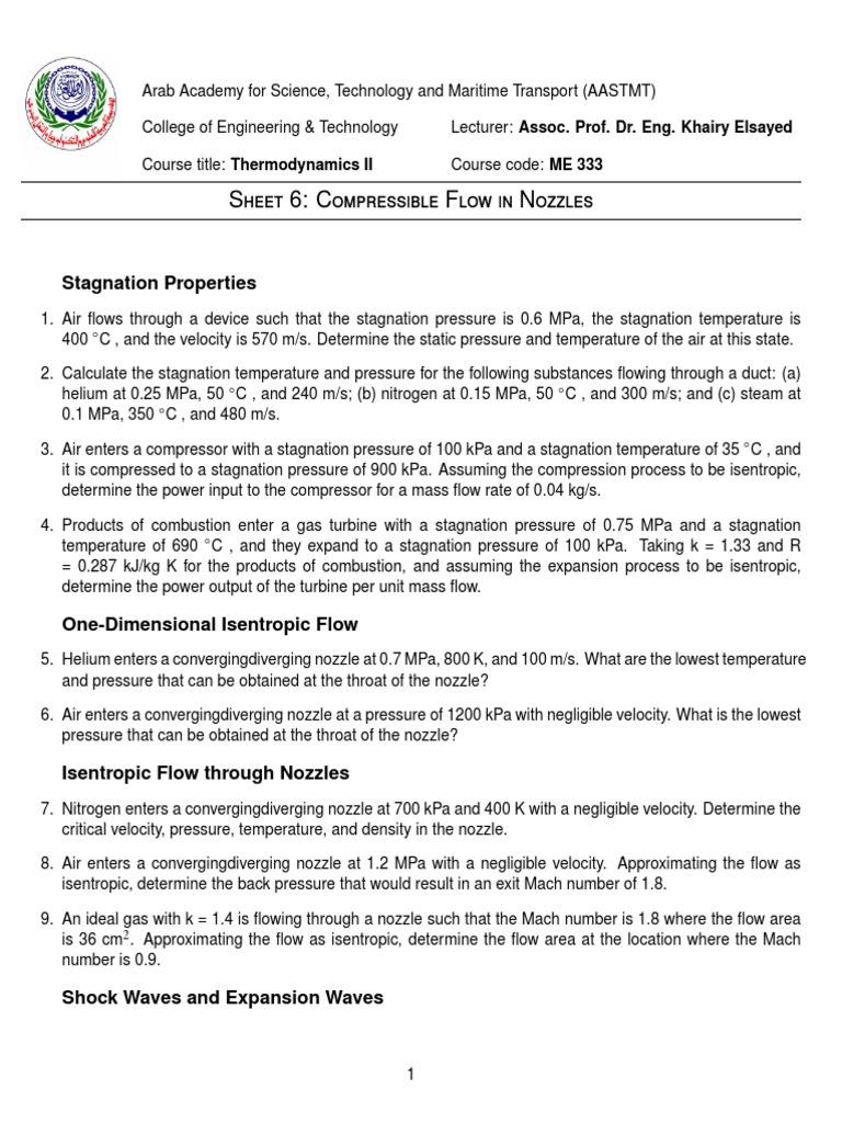 Sheet 6: Compressible Flow in Nozzles: Stagnation Properties | PDF | Mach Number | Shock Wave