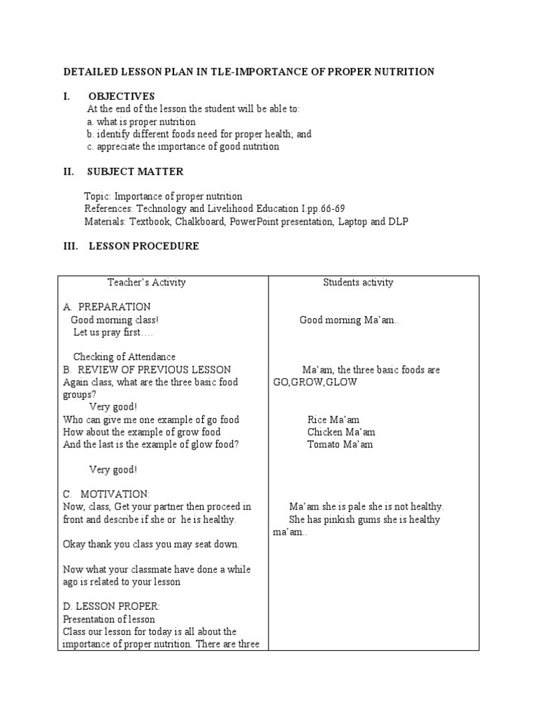 Detailed Lesson Plan in Tle | PDF | Foods | Nutrition