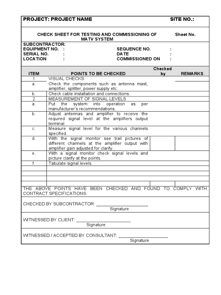 Check Sheet For Testing and Commissioning of | PDF