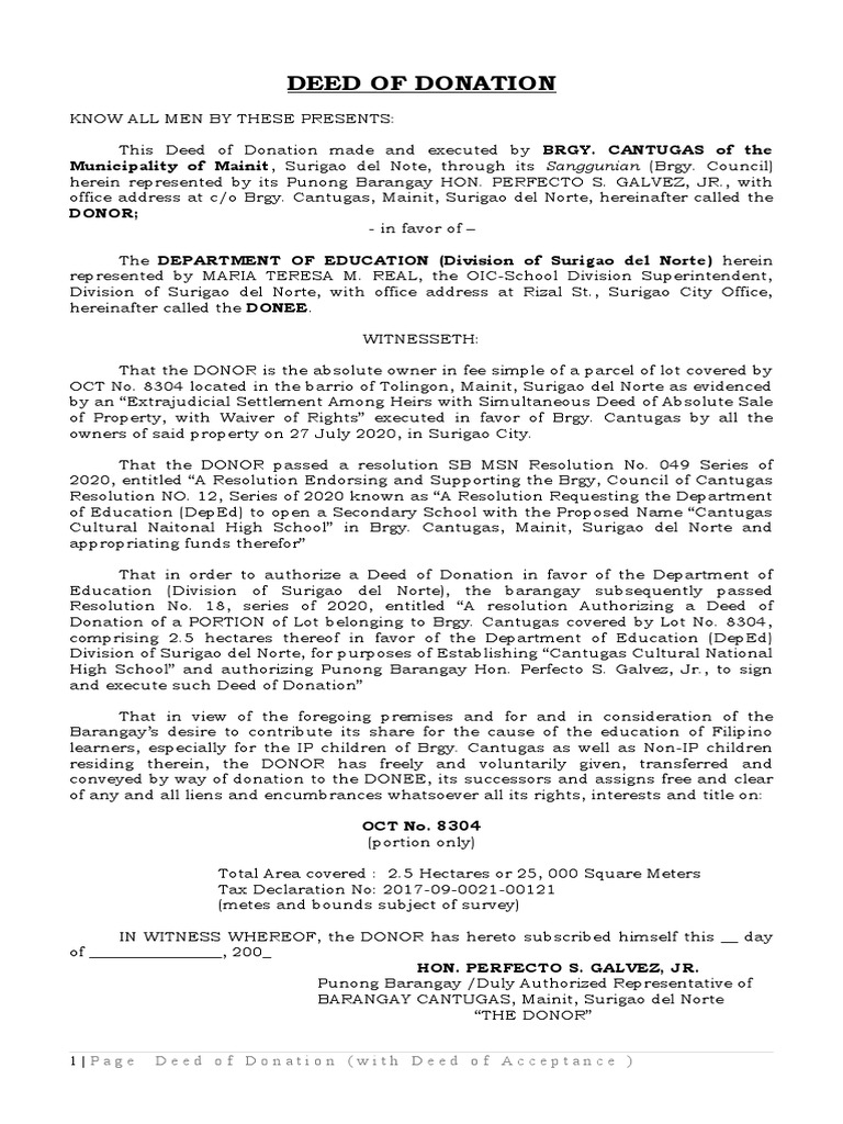 Deed of Donation - Brgy Cantugas To Deped | PDF