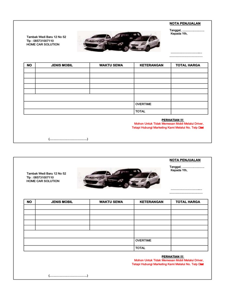 Nota Rental Mobil Home Car Solution | PDF