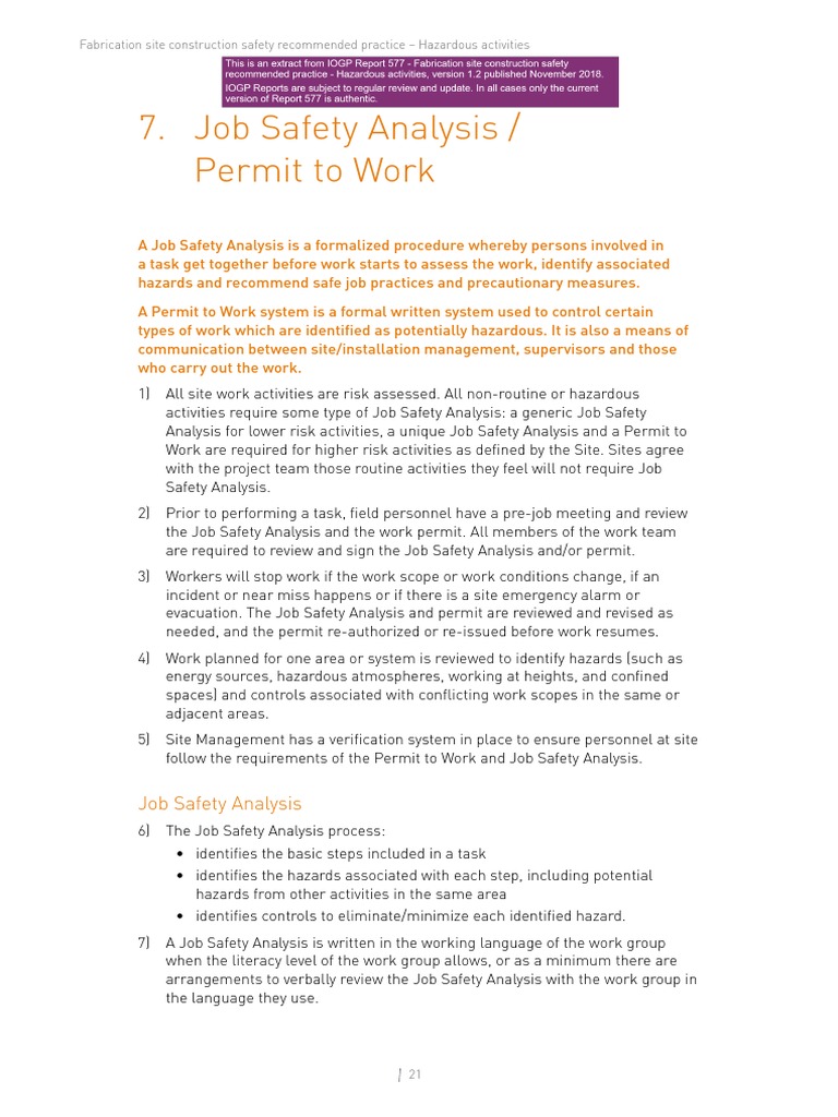 Job Safety Analysis / Permit To Work | PDF | Hazards | Labor Relations