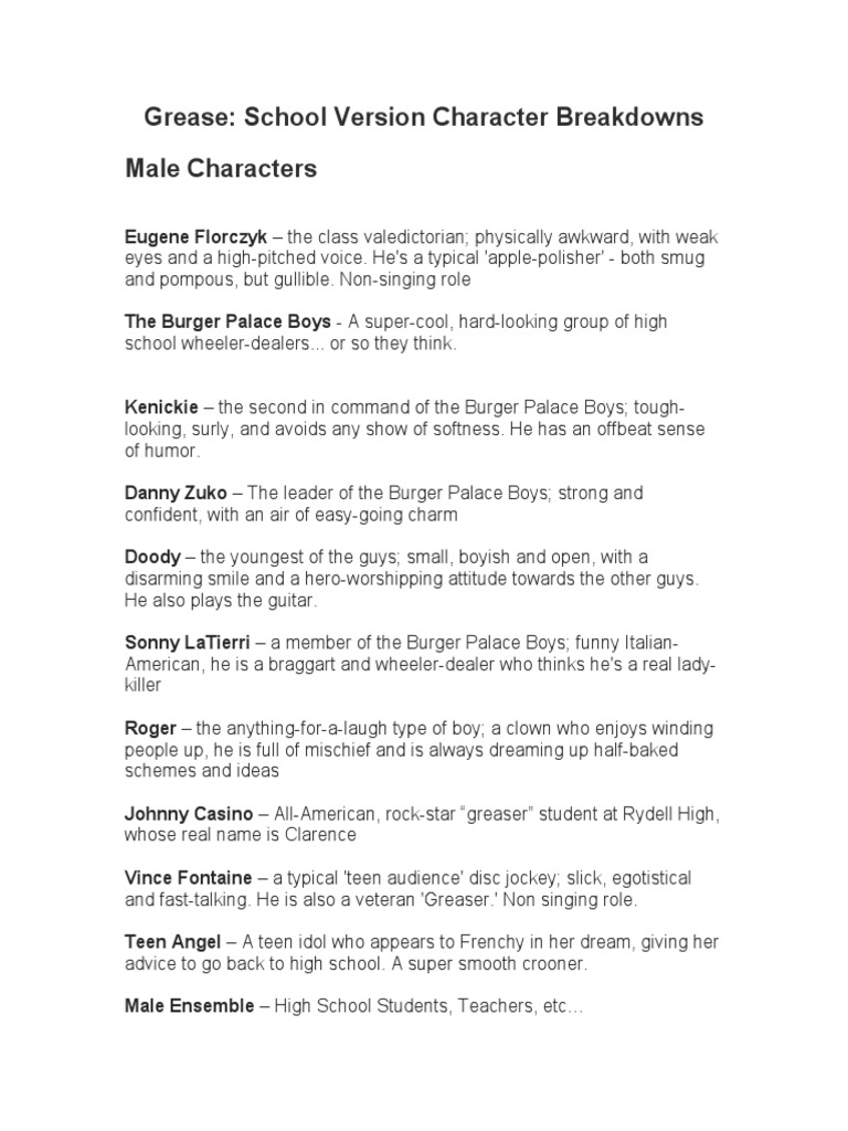 Grease: School Version Character Breakdowns Male Characters | PDF