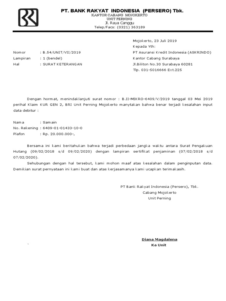 Surat Keterangan Revisi Data | PDF