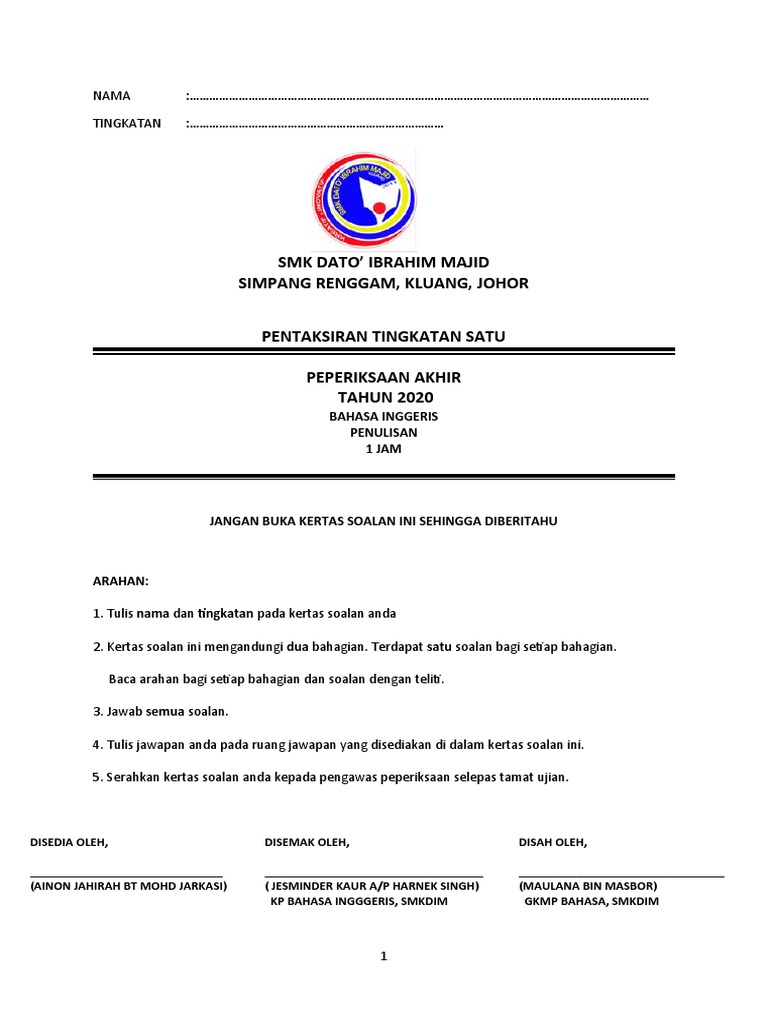 PAT BI FORM 1 (Penulisan) 2020 | PDF