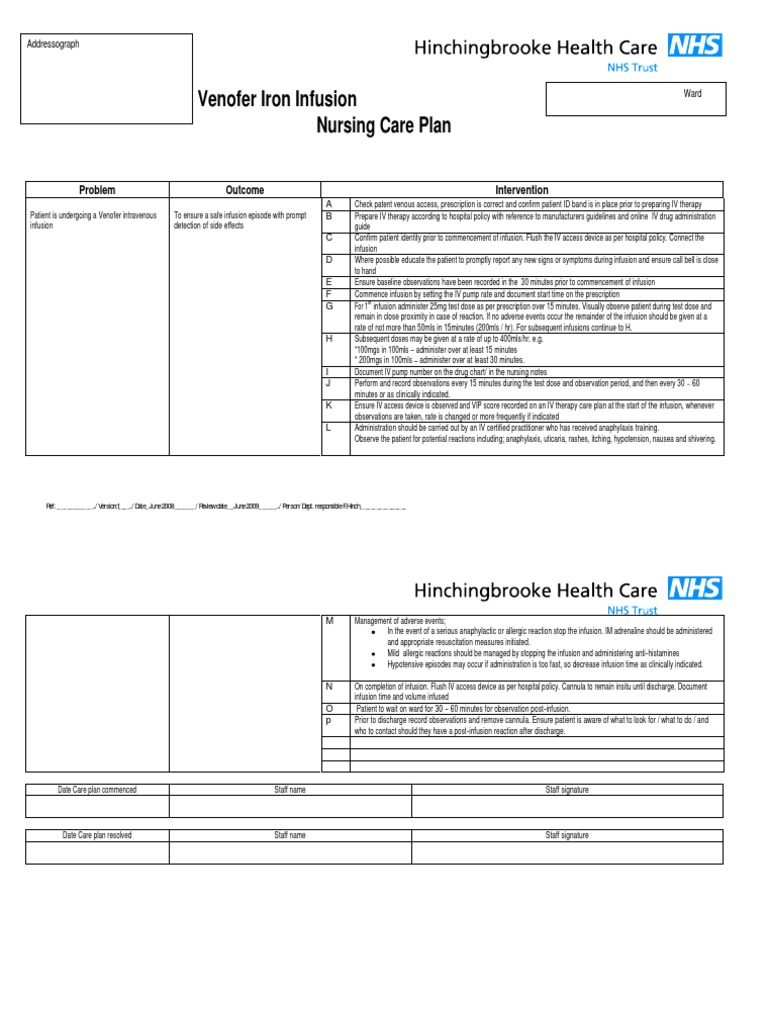 Venofer Iron Infusion Nursing Protocol | PDF | Intravenous Therapy ...
