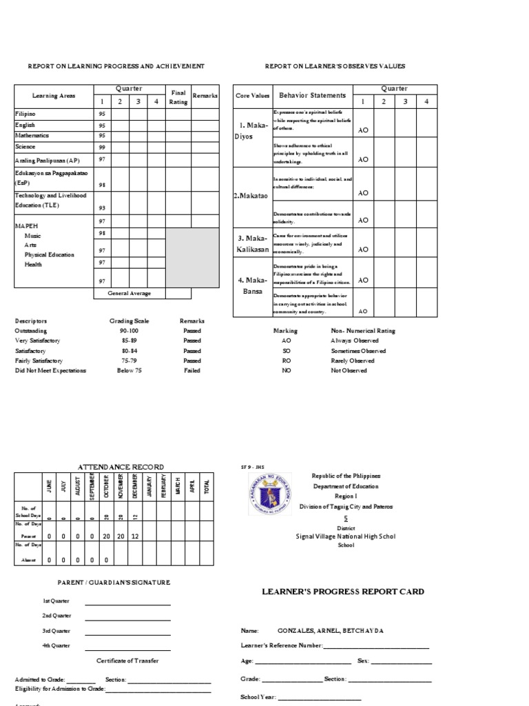 SF 9 - JHS ( (Learner's Progress Report Card B) | PDF | Value (Ethics ...