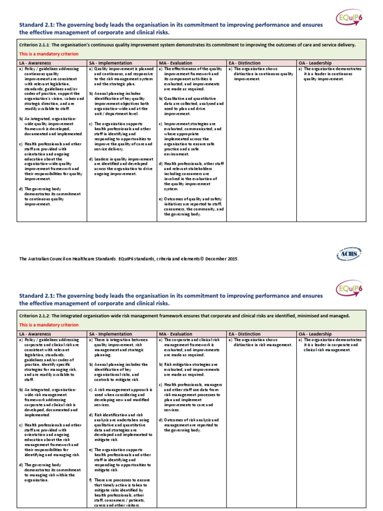 Standard 2.1: The Governing Body Leads The Organisation in Its ...