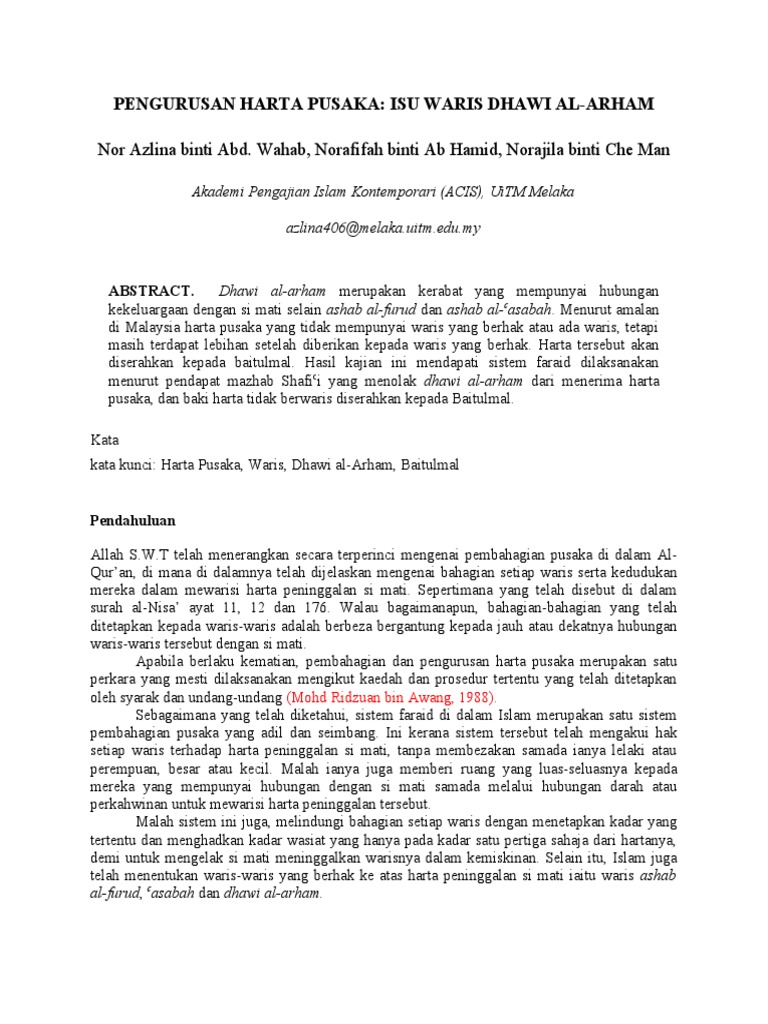 PENGURUSAN HARTA PUSAKA Dhawial-Arham | PDF