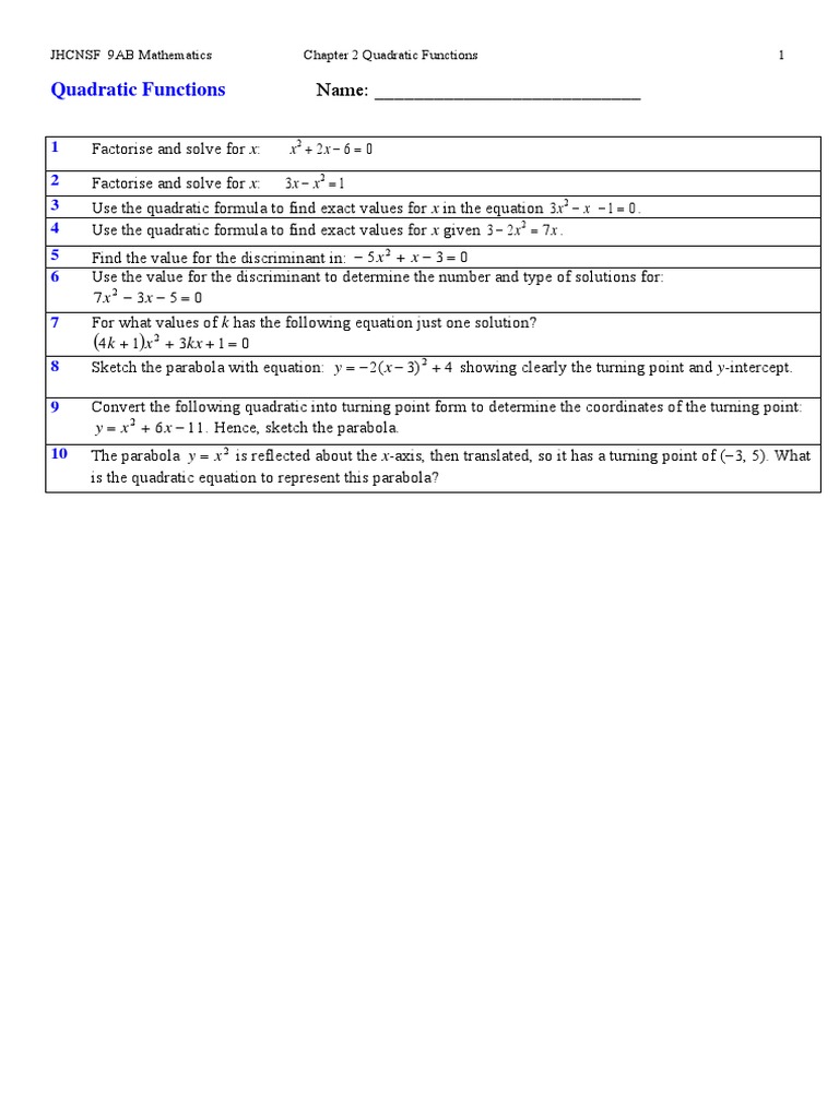 Revision - Practice Exercises On Quadratics | PDF