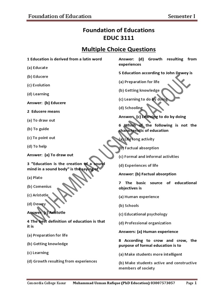 1st Semester MCQs | PDF | Philosophy Of Education | Pedagogy