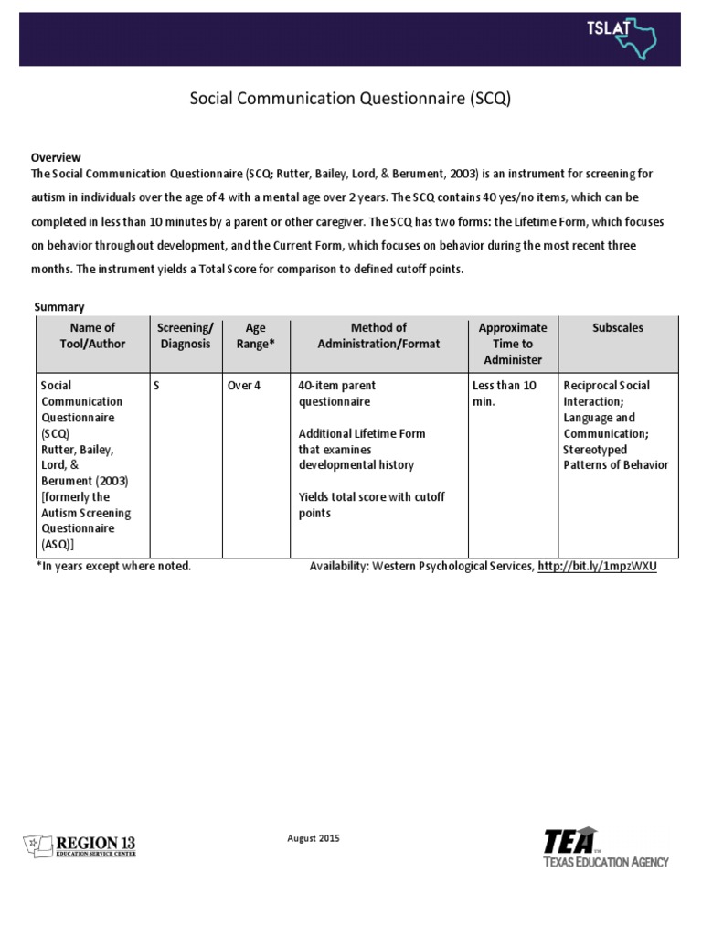 Social Communication Questionnaire (SCQ) : August 2015 | PDF | Autism ...