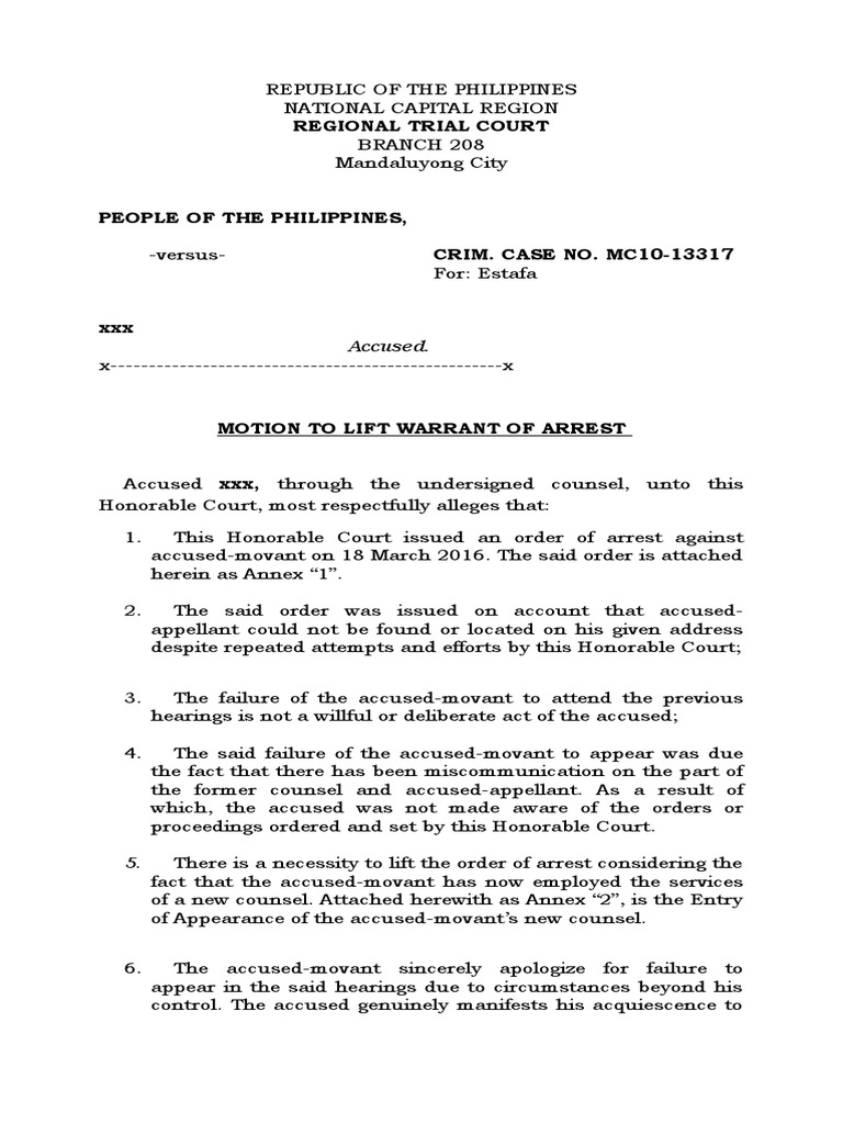 Motion to Lift Arrest Warrant for Estafa | PDF | Government ...