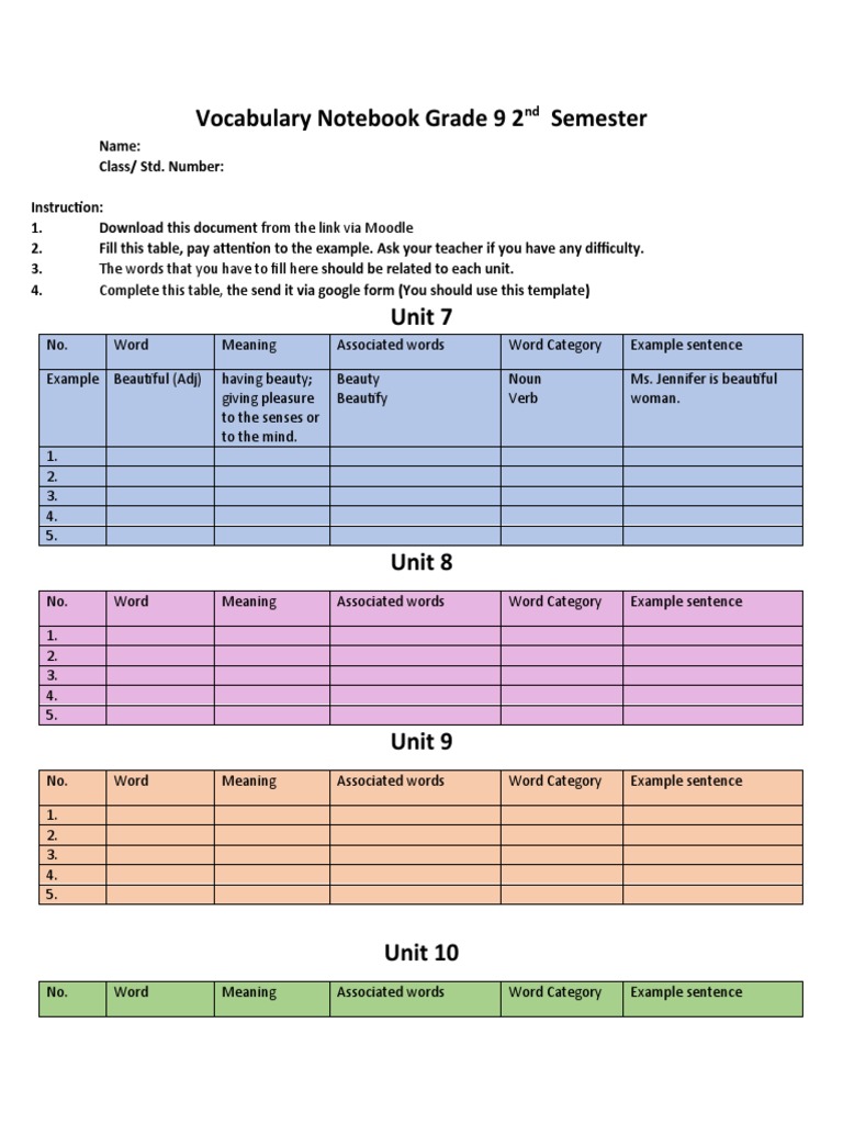 Vocabulary Notebook 2nd Semester (Template Only) | PDF