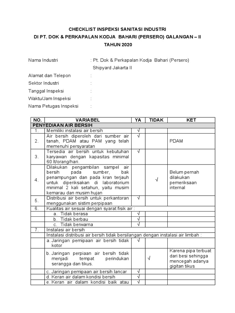 Checklist Inspeksi Sanitasi Industri | PDF